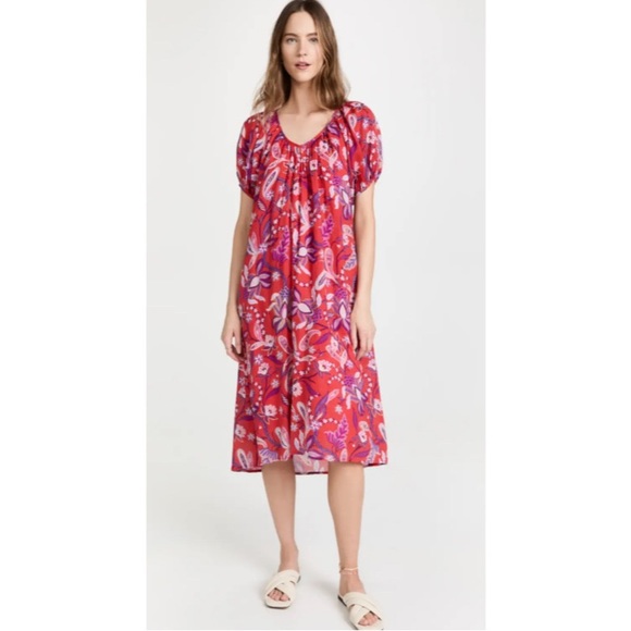 Sundry | Dresses | Sundry Red Floral Puff Sleeve Midi Dress | Poshmark